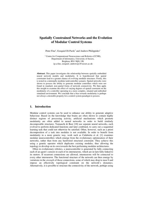 Pdf Spatially Constrained Networks And The Evolution Of Modular Control Systems