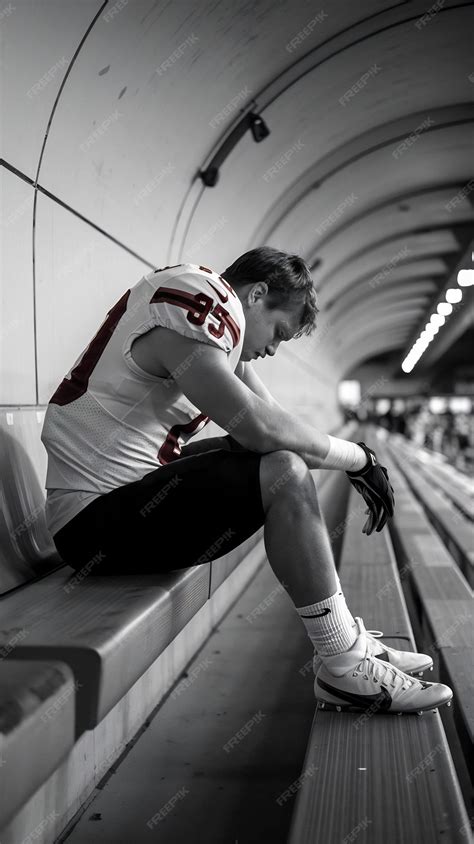 Vertical Screen Tired American Football Player Sitting Alone In Stadium Tunnel Premium Ai