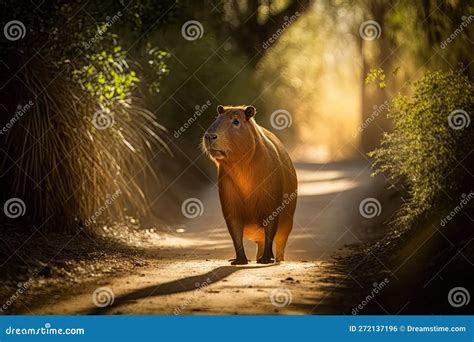 Curious Capybara Exploring Forest Path In Beautiful Natural Setting