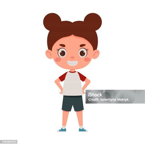 귀여운 아이 행복 한 소녀 미소입니다 만화 여학생 캐릭터 쇼 표정 벡터 그림 감정에 대한 스톡 벡터 아트 및 기타 이미지