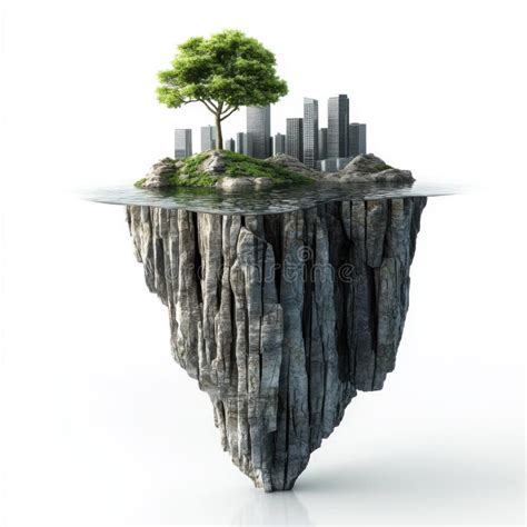 Floating Island With Tree And Modern Cityscape Above Rocky Cliff In Surreal Concept Stock