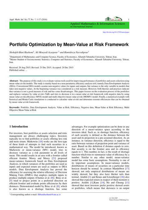 Pdf Portfolio Optimization By Mean Value At Risk Framework