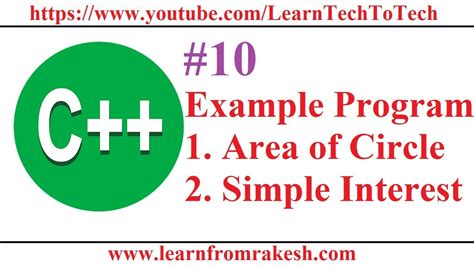 C Programming 10 Example Programsarea Of Circle Simple Interest Of C Youtube