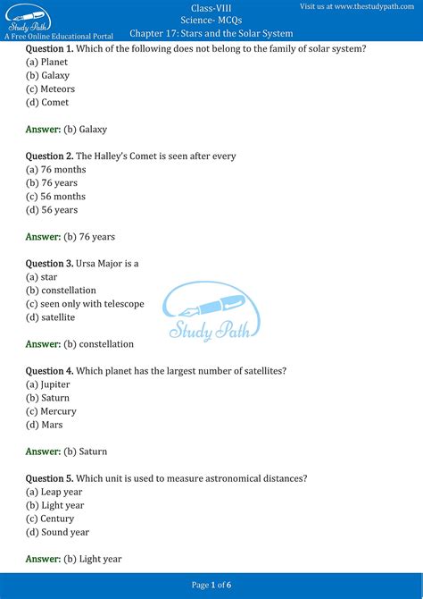 Class 8 Science Chapter 17 Stars And The Solar System Mcq With Answers