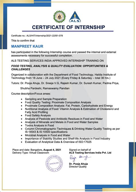 Completed Internship Training Program Approved By Als Testing Services