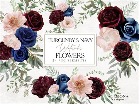 Burgundy Navy Watercolor Floral Clipart Wedding Flower Png Digital