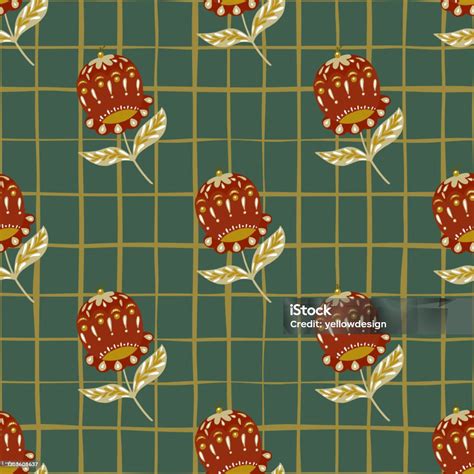 레드 컬러 민속 꽃 꽃 꽃 요소와 창백한 톤 자연 원활한 패턴 청록색 체크 백 고풍스런에 대한 스톡 벡터 아트 및 기타 이미지