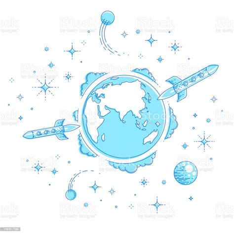 별 로켓 소행성 및 기타 요소로 둘러싸인 우주의 행성 지구 끝없는 우주에서 작은 지구 흰색으로 격리된 얇은 선 3d 벡터 일러스트레이션입니다 과학에 대한 스톡 벡터 아트 및