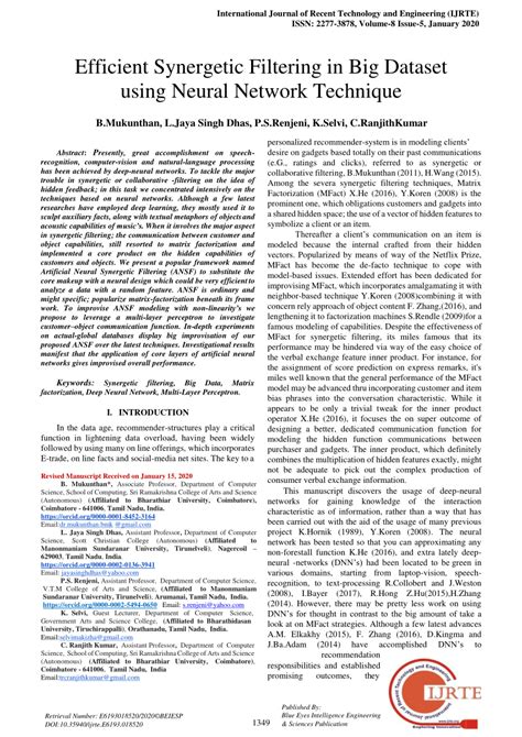 Pdf Efficient Synergetic Filtering In Big Dataset Using Neural