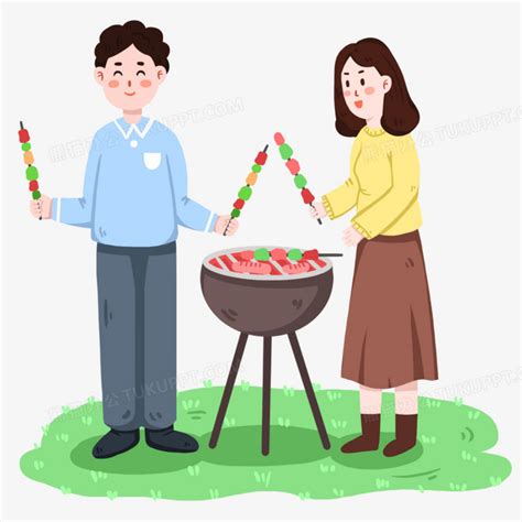 手绘情侣户外烧烤bbq免抠元素PNG图片素材下载 手绘PNG 熊猫办公