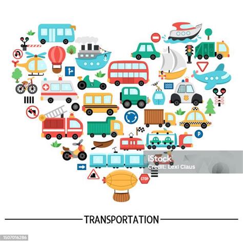 벡터 운송 하트 모양의 프레임은 버스 자동차 보트 트럭과 함께 있습니다 배너 초대장에 대한 다양한 종류의 운송이 가능한 카드