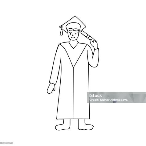 박격포 보드와 학사 가운을 입은 젊은 졸업생의 낙서 삽화가 그의 손에 졸업장을 들고 있습니다 졸업장을 들고 학사 가운과 모자를 쓰고 손으로 그린 그림을 입은 대학원생 낙서