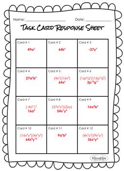 Algebra Monomials Polynomials Multiplying Dividing Powers Task Cards