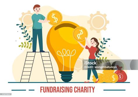 기금 모금 자선 단체 및 기부 벡터 일러스트레이션 자원 봉사자들이 재정 지원 만화 배경의 기부 상자에 동전이나 돈을 넣는 모습