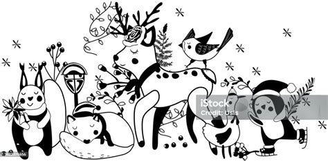 흑인과 백인은 스케이트 잠자는 늑대 다람쥐 나뭇잎 및 기타에 모자에 재미있는 사슴 귀여운 북극 펭귄 개념 크리스마스와 새해인사말 카드 포스터 엽서 배너에 대한 완벽한