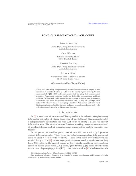 Pdf Long Quasi Polycyclic Begin Document T End Document Cis Codes