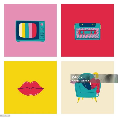 입술 하트 말풍선 오디오 카세트 및 기타 요소가 있는 패션 패치 배지 스티커 핀 만화 8090년대 스타일의 패치의 벡터