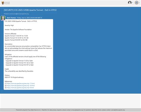 Apache Tomcat Dos Via Excessive H2 Streams At Connection Start 漏洞信息 Cve 2025 53506 By 漏洞平台