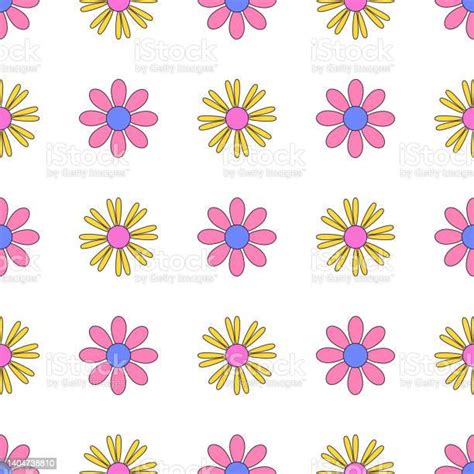 인쇄 종이 섬유 커버 직물 실내 장식을위한 간단한 기하학적 그래픽 히피 꽃이있는 벡터 이음새없는 패턴 플랫 미니멀 컬러풀한 레트로 또는 빈티지 일러스트레이션 1960