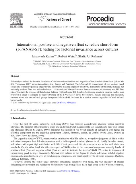 Pdf International Positive And Negative Affect Schedule Short Form I Panas Sf Testing For