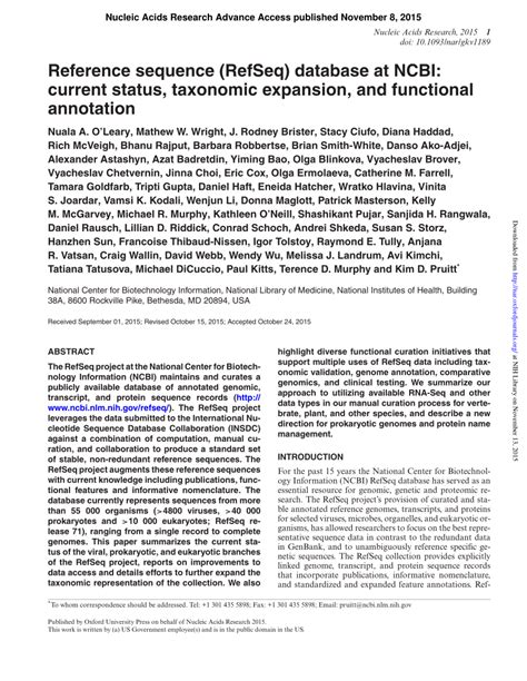Pdf Reference Sequence Refseq Database At Ncbi Current Status Taxonomic Expansion And