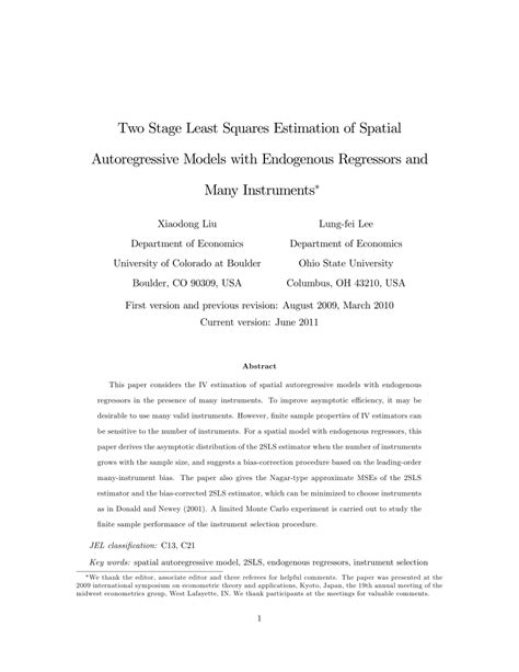 Pdf Two Stage Least Squares Estimation Of Spatial Autoregressive