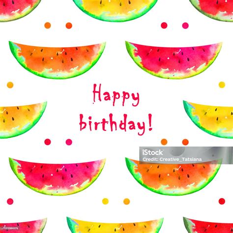 행복 한 웃는 워터 멜론 조각과 생일 텍스트 정글 텍스처 벽지 카드 분홍에 대한 스톡 벡터 아트 및 기타 이미지 분홍 수박 초대장 Istock