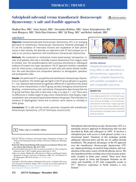 Pdf Subxiphoid Subcostal Versus Transthoracic Thoracoscopic Thymectomy A Safe And Feasible