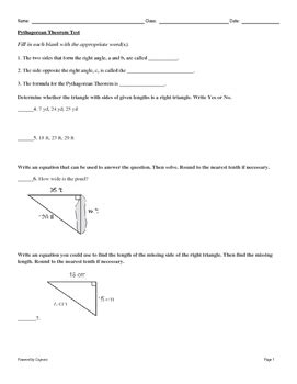 Pythagorean Theorem Test By Alexandra Liechty Teachers Pay Teachers