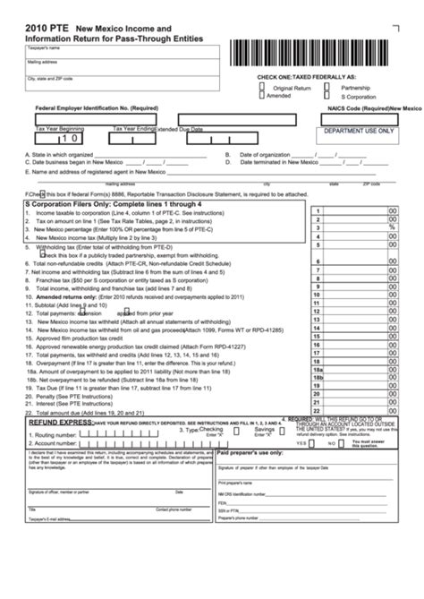 Form Pte New Mexico Income And Information Return For Pass Through
