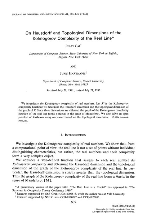 Pdf On Hausdorff And Topological Dimensions Of The Kolmogorov Complexity Of The Real Line