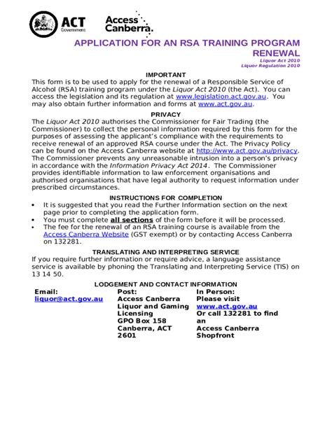 Application For An Rsa Training Program Renewal Doc Template