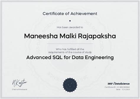 Maneesha Malki On Linkedin Certificate Of Achievement Advanced Sql For Data Engineering 365