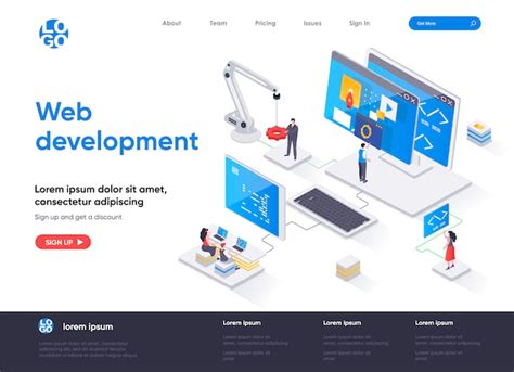 web development isometric landing page template premium vector