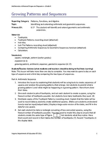 Growing Patterns And Sequences Lesson Plan For 6th 7th Grade Lesson