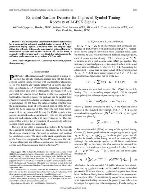 Pdf Extended Gardner Detector For Improved Symbol Timing Recovery Of M Psk Signals