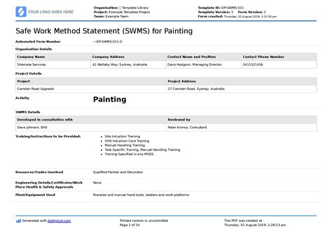 Painting Safe Work Method Statement Free Editable SWMS