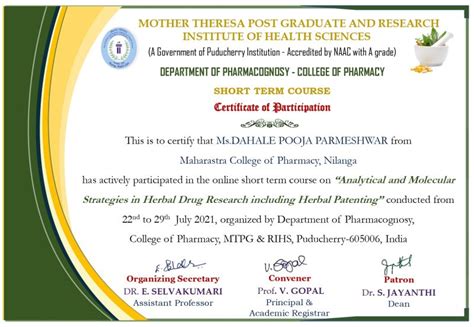Drxpooja Dahale On Linkedin Completed Short Term Course On Analytical And Molecular