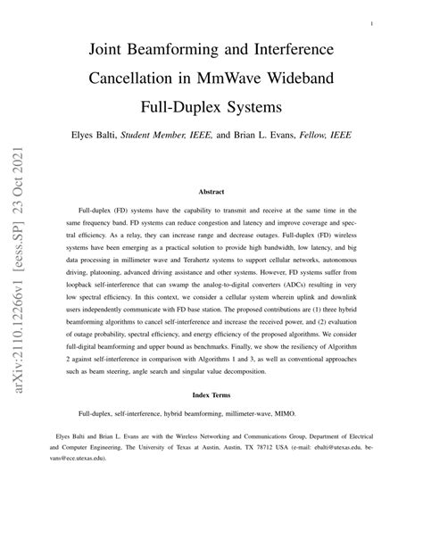 Pdf Joint Beamforming And Interference Cancellation In Mmwave Wideband Full Duplex Systems
