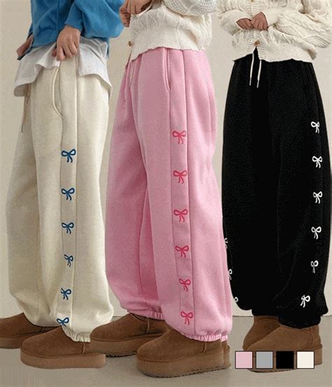 기프티박스 무료배송 리본 키치룩 발레코어 리본 프린팅 기모 밴딩 와이드 조거 팬츠