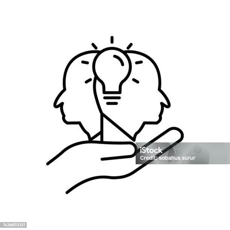 머리와 전구가있는 핸드 라인 아이콘 새로운 아이디어의 개념 아이디어 생성 과정 편집 가능한 스트로크 간단한 일러스트 모바일 개념과 웹 디자인 디자인 템플릿 벡터 개념에 대한