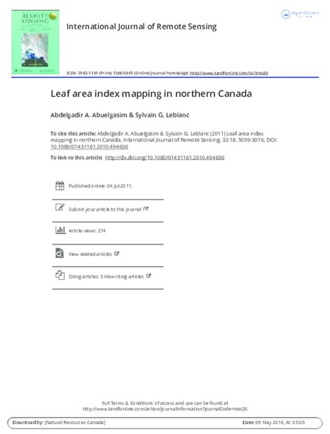 Pdf International Journal Of Remote Sensing Leaf Area Index Mapping In Northern Canada