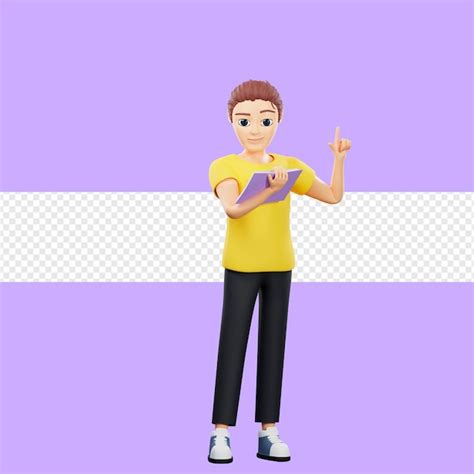 책을 읽는 남자의 라스터 일러스트레이션 노란색 티셔츠를 입은 젊은 남자가 책에서 3d 렌더링 아트워크를 비즈니스 및 광고를 위해 높인 지표손가락으로 구절을 ⁇ 송합니다