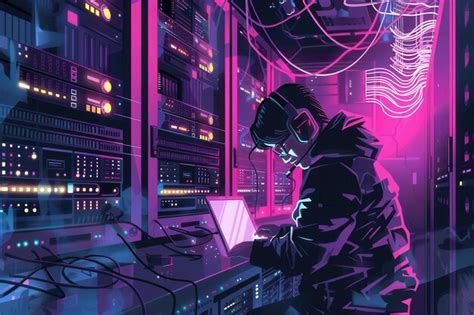 A Hacker Focuses Intently On A Laptop While Surrounded By Colorful