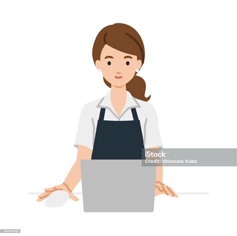 그녀의 책상에서 노트북 컴퓨터를 사용하여 카페 앞치마에 여자 20 24세에 대한 스톡 벡터 아트 및 기타 이미지 20 24세 25 29세 계획 Istock