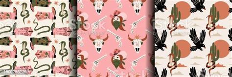 와일드 웨스트 패턴 서양 이음새가 없는 짜임새 로데오 부츠와 뱀 사막에서 카우걸과 독수리 만화 평면 격리 요소 현대 인쇄 장식 직물 포장지 벽지 벡터 여자 카우보이에 대한