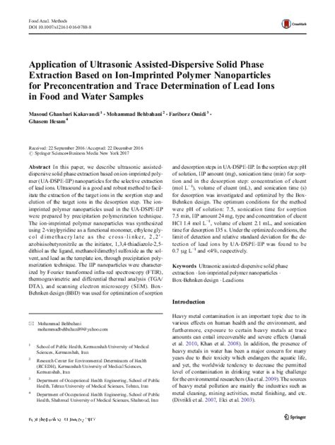 Pdf Application Of Ultrasonic Assisted Dispersive Solid Phase Extraction Based On Ion