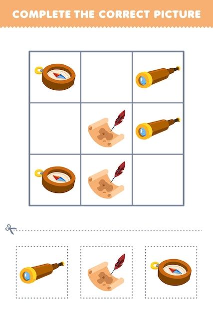 어린이를 위한 교육 게임은 귀여운 만화 망원경 보물 지도와 나침반 인쇄 가능한 해적 워크시트의 정확한 그림을 완성합니다