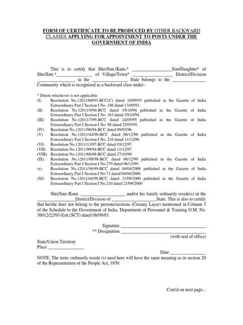 Format Of Obc Certificate Pdf Government Of India Government