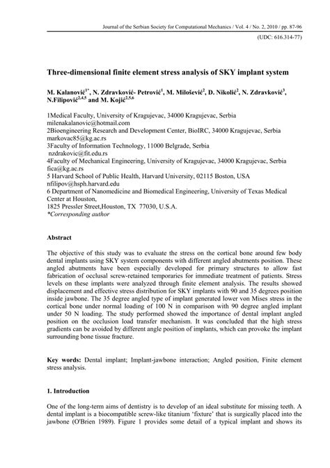 Pdf Three Dimensional Finite Element Stress Analysis Of Sky Implant System